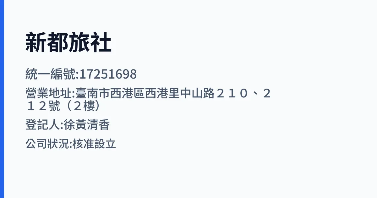 新都旅社 - 統編 17251698(臺南市) 公司登記資料與營業項目詳細圖表