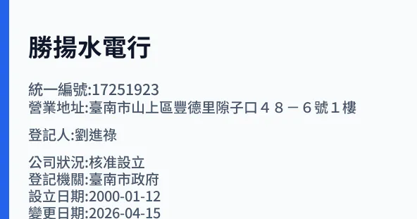 勝揚水電行的照片-統編 17251923(臺南市) 公司登記資料與營業項目詳細圖表