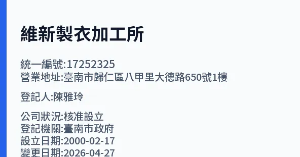 維新製衣加工所的照片-統編 17252325(臺南市) 公司登記資料與營業項目詳細圖表