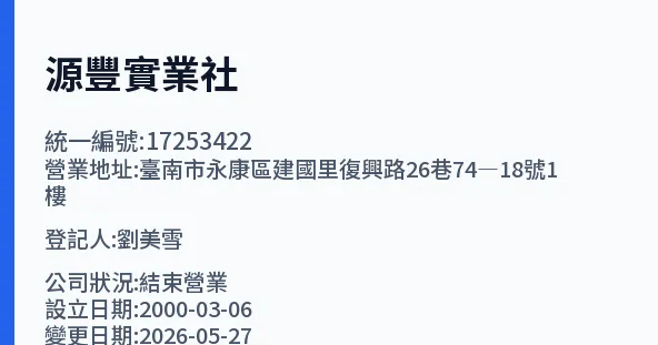 源豐實業社的照片-統編 17253422(臺南市) 公司登記資料與營業項目詳細圖表