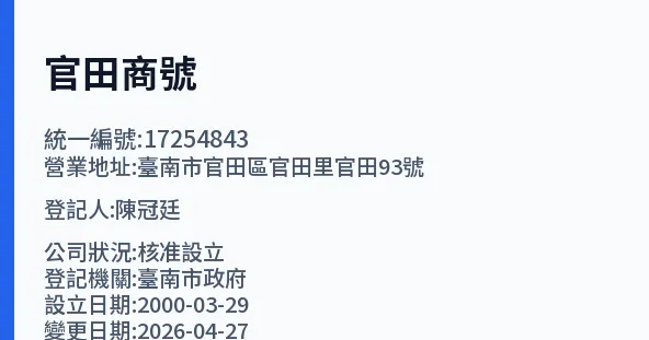 官田商號的照片-統編 17254843(臺南市) 公司登記資料與營業項目詳細圖表