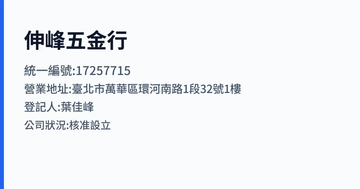 伸峰五金行 - 統編 17257715(臺北市) 公司登記資料與營業項目詳細圖表