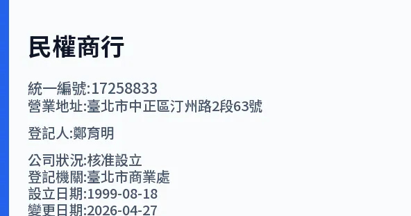 民權商行的照片-統編 17258833(臺北市) 公司登記資料與營業項目詳細圖表