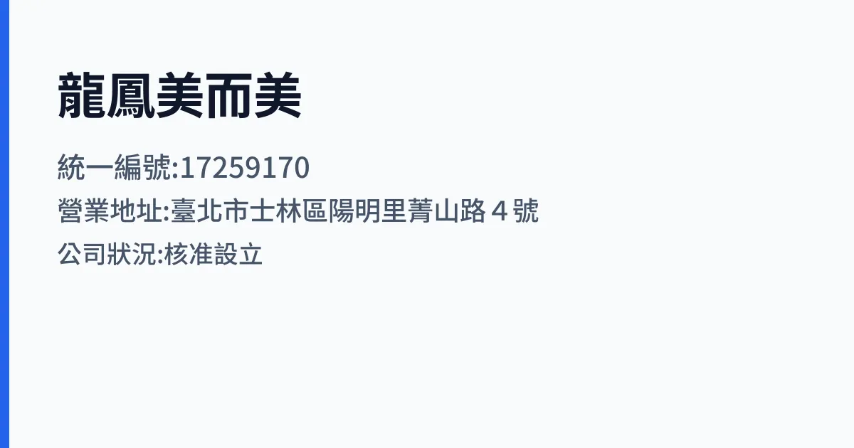 龍鳳美而美 - 統編 17259170(臺北市) 公司登記資料與營業項目詳細圖表