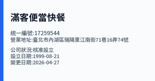 滿客便當快餐的照片-統編 17259544(臺北市) 公司登記資料與營業項目詳細圖表