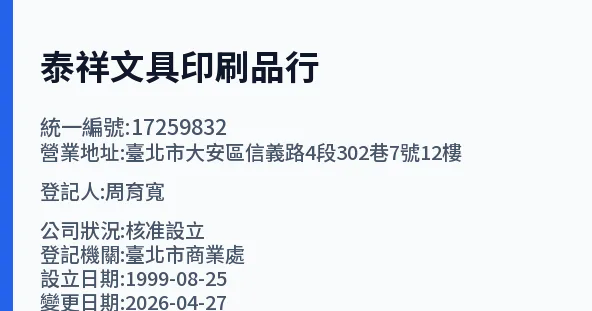 泰祥文具印刷品行的照片-統編 17259832(臺北市) 公司登記資料與營業項目詳細圖表