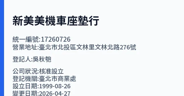 新美美機車座墊行的照片-統編 17260726(臺北市) 公司登記資料與營業項目詳細圖表