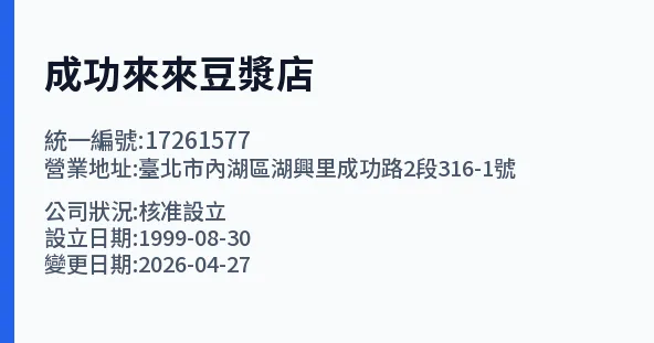 成功來來豆漿店的照片-統編 17261577(臺北市) 公司登記資料與營業項目詳細圖表