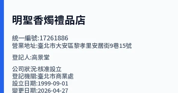 明聖香燭禮品店的照片-統編 17261886(臺北市) 公司登記資料與營業項目詳細圖表