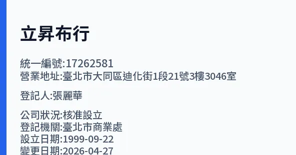 立昇布行的照片-統編 17262581(臺北市) 公司登記資料與營業項目詳細圖表
