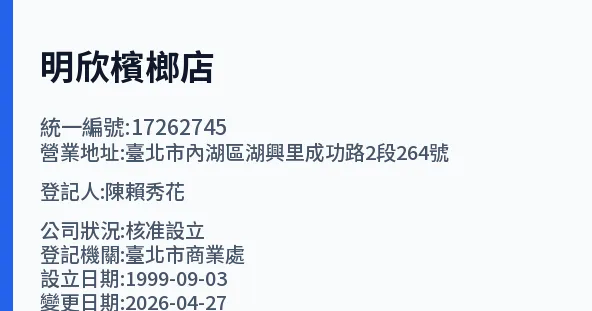 明欣檳榔店的照片-統編 17262745(臺北市) 公司登記資料與營業項目詳細圖表