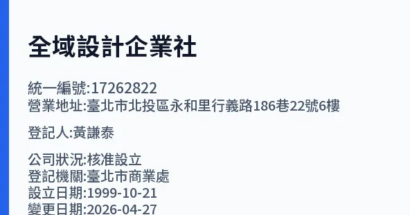 全域設計企業社的照片-統編 17262822(臺北市) 公司登記資料與營業項目詳細圖表