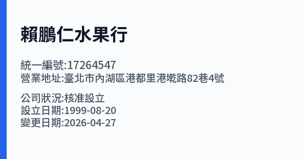 賴鵬仁水果行的照片-統編 17264547(臺北市) 公司登記資料與營業項目詳細圖表
