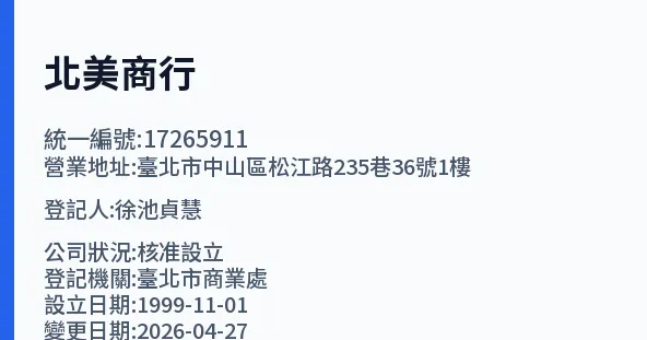 北美商行的照片-統編 17265911(臺北市) 公司登記資料與營業項目詳細圖表
