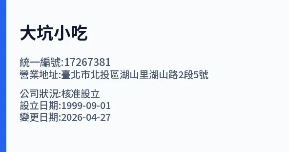 大坑小吃的照片-統編 17267381(臺北市) 公司登記資料與營業項目詳細圖表