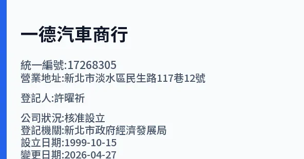 一德汽車商行的照片-統編 17268305(新北市) 公司登記資料與營業項目詳細圖表