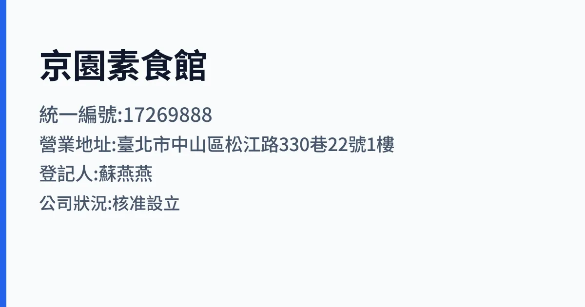 京園素食館 - 統編 17269888(臺北市) 公司登記資料與營業項目詳細圖表