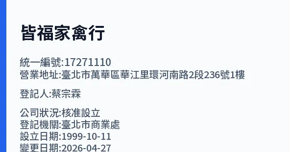 皆福家禽行的照片-統編 17271110(臺北市) 公司登記資料與營業項目詳細圖表