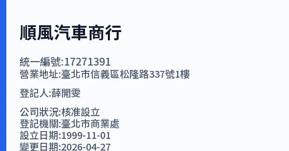 順風汽車商行的照片-統編 17271391(臺北市) 公司登記資料與營業項目詳細圖表