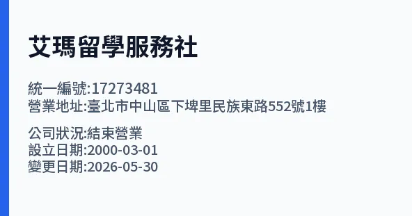 艾瑪留學服務社的照片-統編 17273481(臺北市) 公司登記資料與營業項目詳細圖表