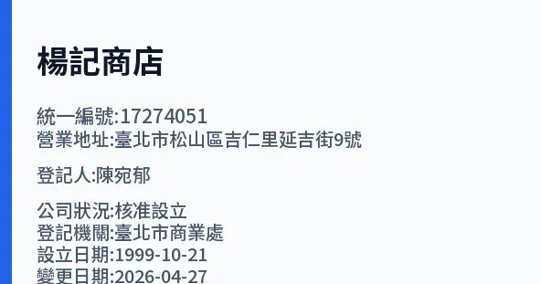 楊記商店的照片-統編 17274051(臺北市) 公司登記資料與營業項目詳細圖表
