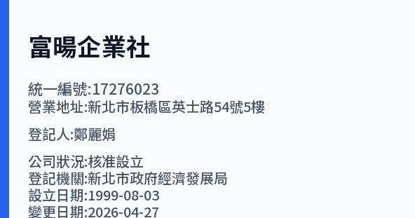富暘企業社的照片-統編 17276023(新北市) 公司登記資料與營業項目詳細圖表
