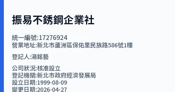 振易不銹鋼企業社的照片-統編 17276924(新北市) 公司登記資料與營業項目詳細圖表