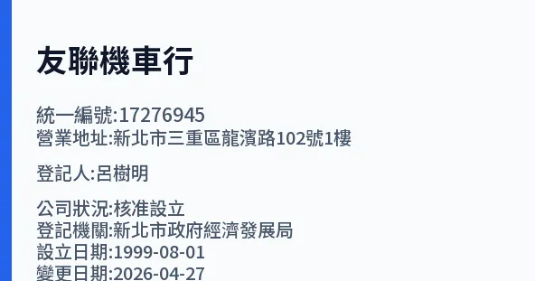 友聯機車行的照片-統編 17276945(新北市) 公司登記資料與營業項目詳細圖表