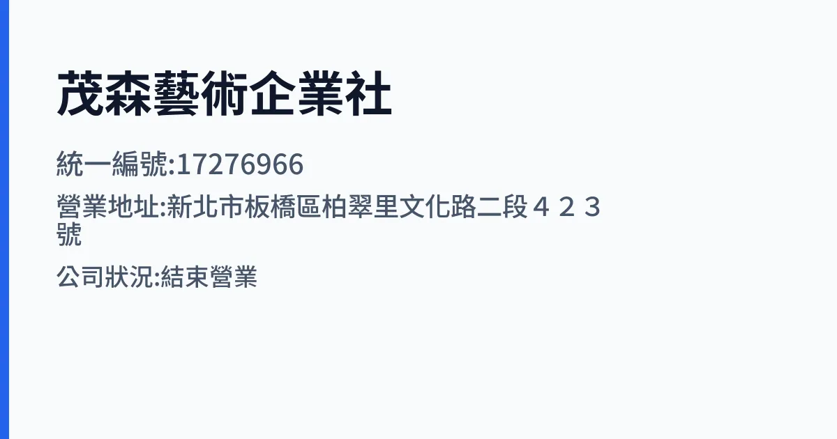 茂森藝術企業社 - 統編 17276966(新北市) 公司登記資料與營業項目詳細圖表