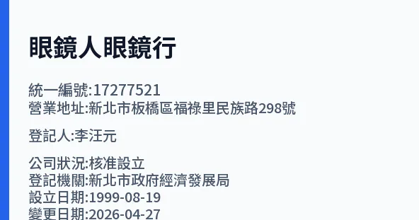眼鏡人眼鏡行的照片-統編 17277521(新北市) 公司登記資料與營業項目詳細圖表