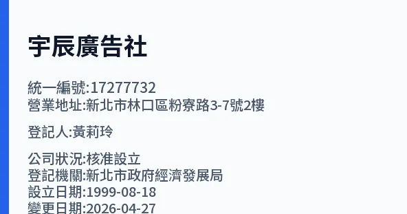 宇辰廣告社的照片-統編 17277732(新北市) 公司登記資料與營業項目詳細圖表