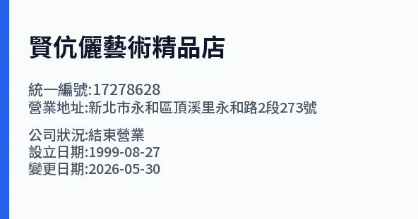 賢伉儷藝術精品店的照片-統編 17278628(新北市) 公司登記資料與營業項目詳細圖表