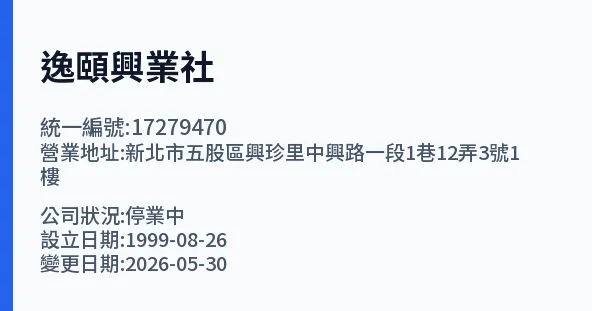 逸頤興業社的照片-統編 17279470(新北市) 公司登記資料與營業項目詳細圖表