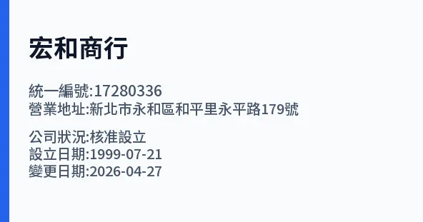 宏和商行的照片-統編 17280336(新北市) 公司登記資料與營業項目詳細圖表
