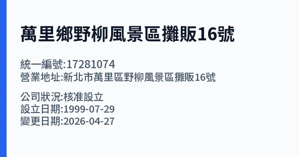 萬里鄉野柳風景區攤販16號的照片-統編 17281074(新北市) 公司登記資料與營業項目詳細圖表