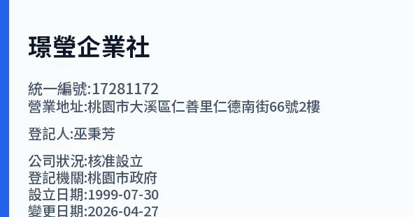 璟瑩企業社的照片-統編 17281172(桃園市) 公司登記資料與營業項目詳細圖表