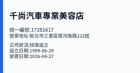 千尚汽車專業美容店的照片-統編 17281617(新北市) 公司登記資料與營業項目詳細圖表