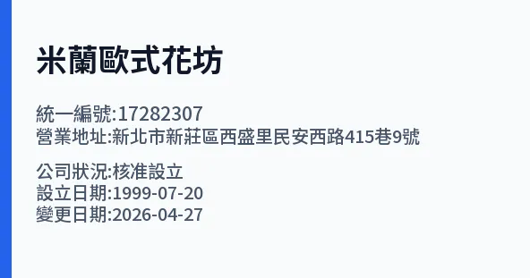 米蘭歐式花坊的照片-統編 17282307(新北市) 公司登記資料與營業項目詳細圖表
