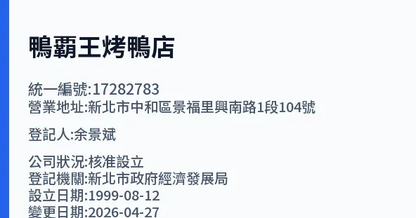 鴨覇王烤鴨店的照片-統編 17282783(新北市) 公司登記資料與營業項目詳細圖表