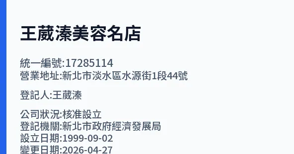 王葳溱美容名店的照片-統編 17285114(新北市) 公司登記資料與營業項目詳細圖表