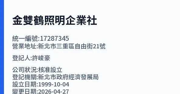 金雙鶴照明企業社的照片-統編 17287345(新北市) 公司登記資料與營業項目詳細圖表
