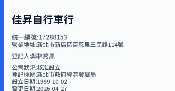 佳昇自行車行的照片-統編 17288153(新北市) 公司登記資料與營業項目詳細圖表