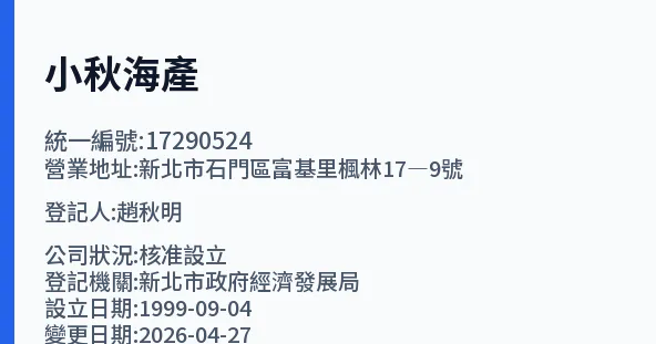 小秋海產的照片-統編 17290524(新北市) 公司登記資料與營業項目詳細圖表