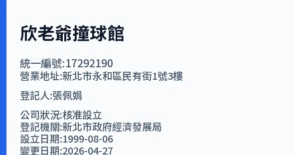 欣老爺撞球館的照片-統編 17292190(新北市) 公司登記資料與營業項目詳細圖表