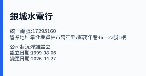 銀城水電行的照片-統編 17295160(彰化縣) 公司登記資料與營業項目詳細圖表