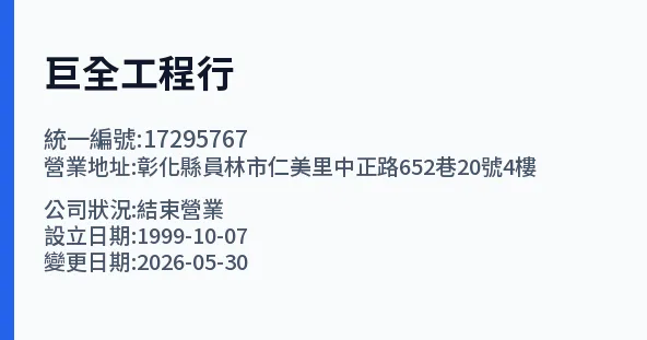 巨全工程行的照片-統編 17295767(彰化縣) 公司登記資料與營業項目詳細圖表