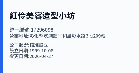 紅伶美容造型小坊的照片-統編 17296098(彰化縣) 公司登記資料與營業項目詳細圖表