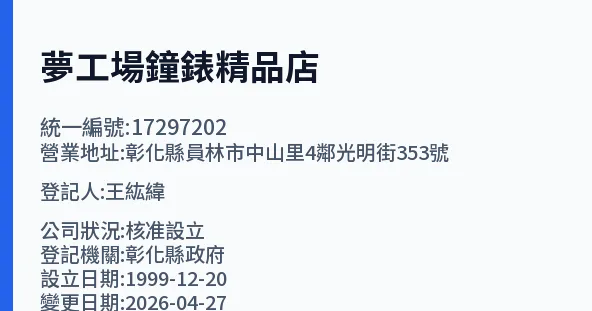 夢工場鐘錶精品店的照片-統編 17297202(彰化縣) 公司登記資料與營業項目詳細圖表