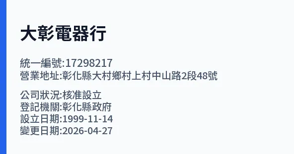 大彰電器行的照片-統編 17298217(彰化縣) 公司登記資料與營業項目詳細圖表