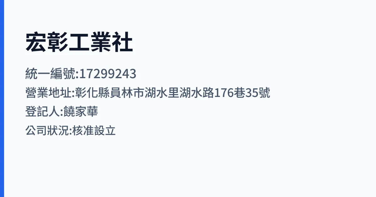 宏彰工業社 - 統編 17299243(彰化縣) 公司登記資料與營業項目詳細圖表